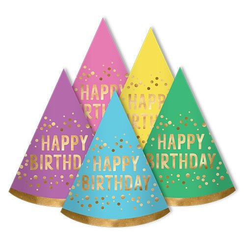 Happy Birthday Foil Party Hats 8 Pack — Red Fox Party Supplies