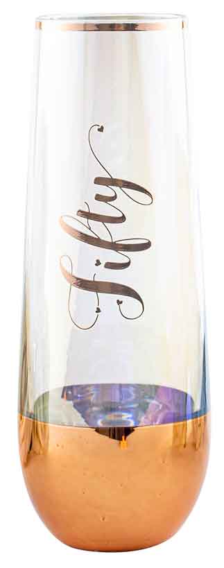"Fifty" Rose Gold Stemless Champagne Glass — Red Fox Party Supplies